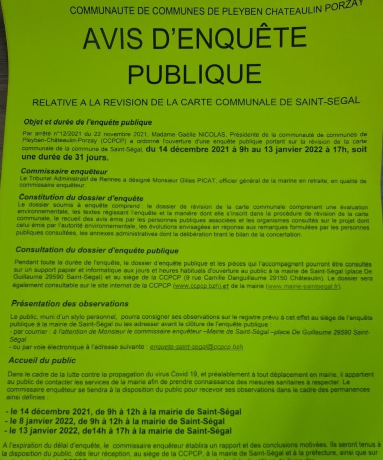 Avis d'enquête publique révision de la carte communale de Saint-Ségal - CCPCP