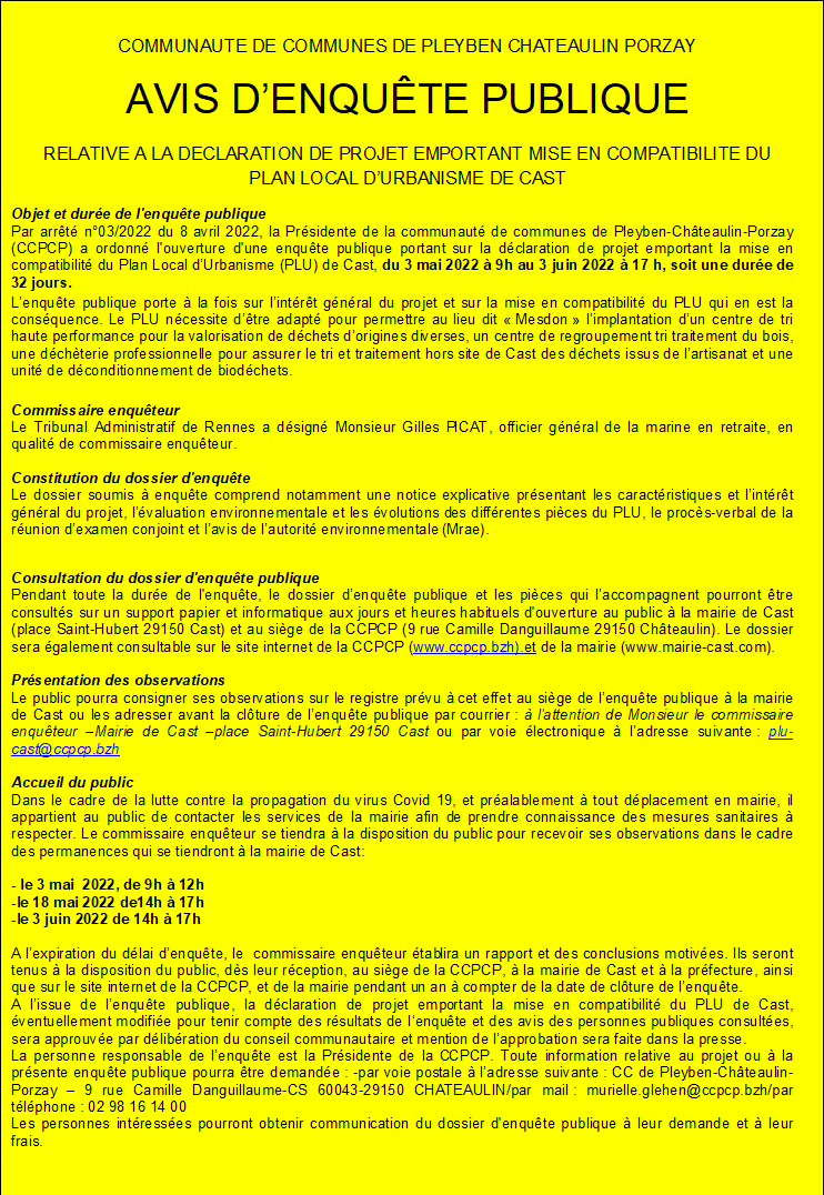 Avis d'enquête publique déclaration de projet emportant mise en compatibilité du PLU de Cast - CCPCP
